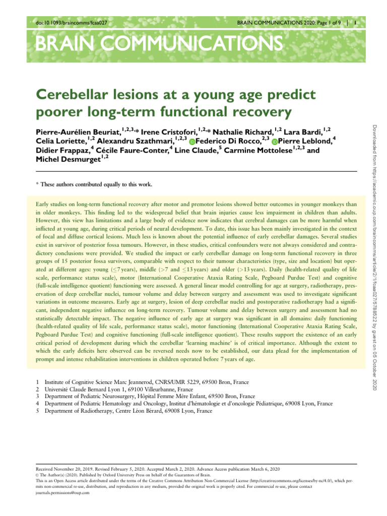 Cerebellar Lesions at A Young Age Predict Poorer Long Term Functional ...