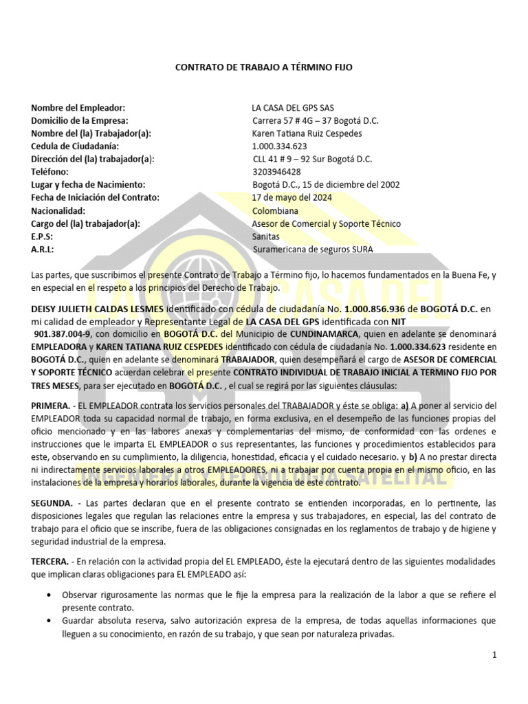 Contrato de Trabajo A Término Fijo - Karen Tatiana Ruiz Cespedes 2 | Descargar gratis PDF ...