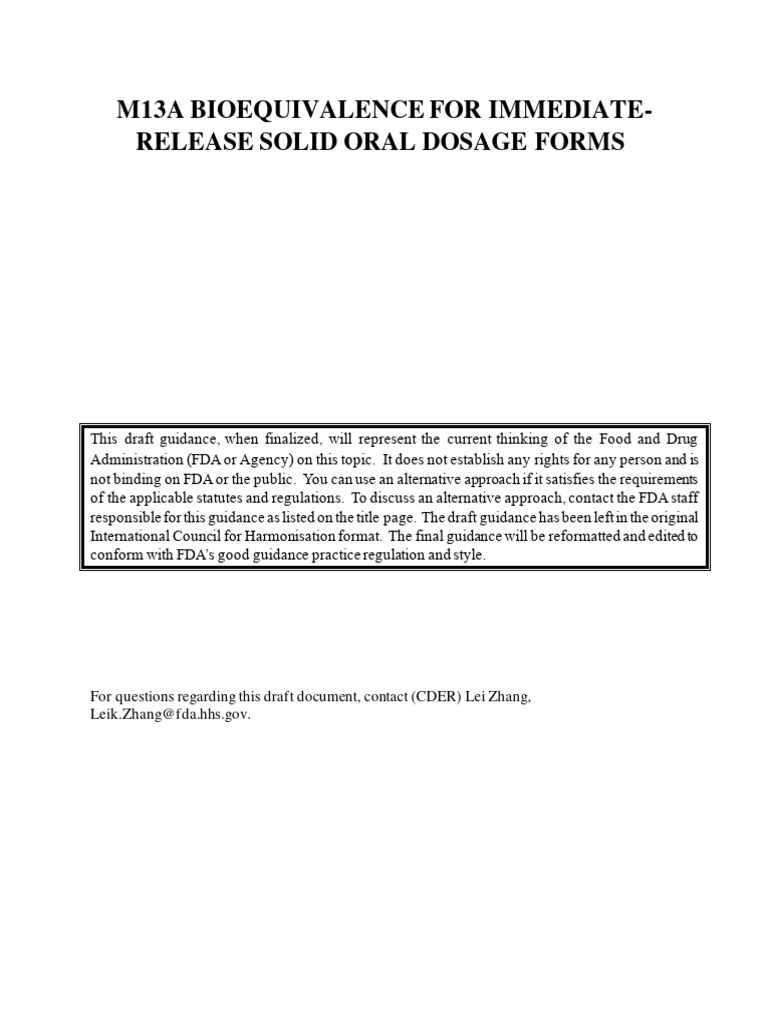 M13A Bioequivalence For Immediate-Release Solid Oral Dosage Forms International Council For ...