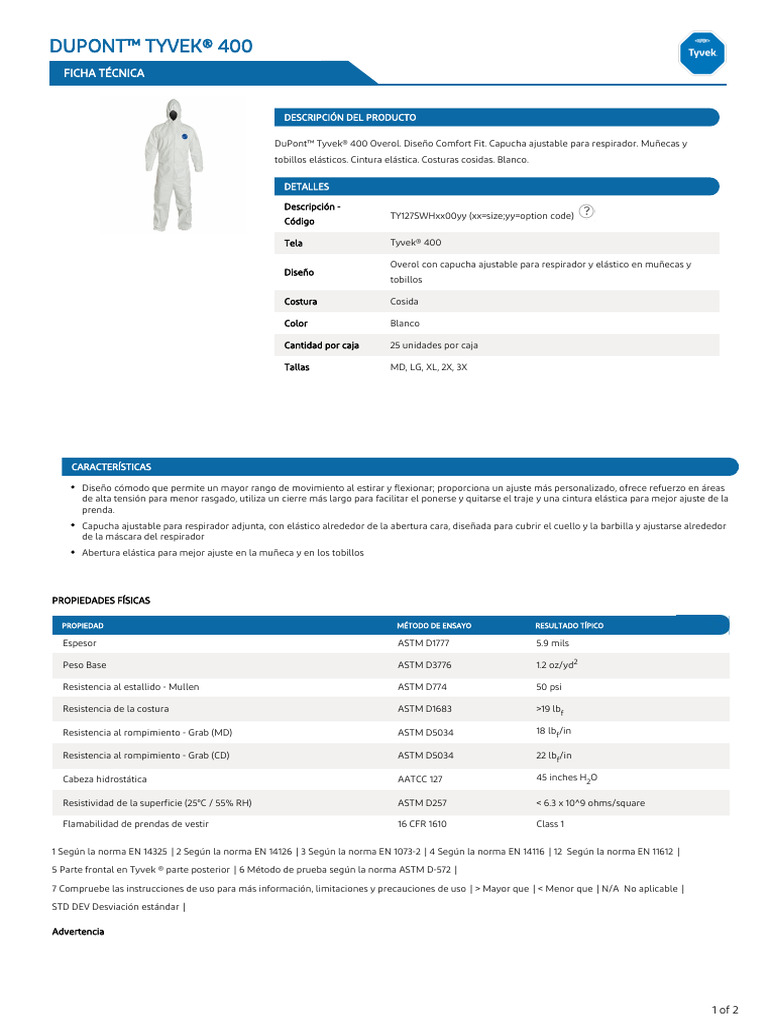 Dupont Tyvek 400 Ty127s - MX | PDF | Ropa