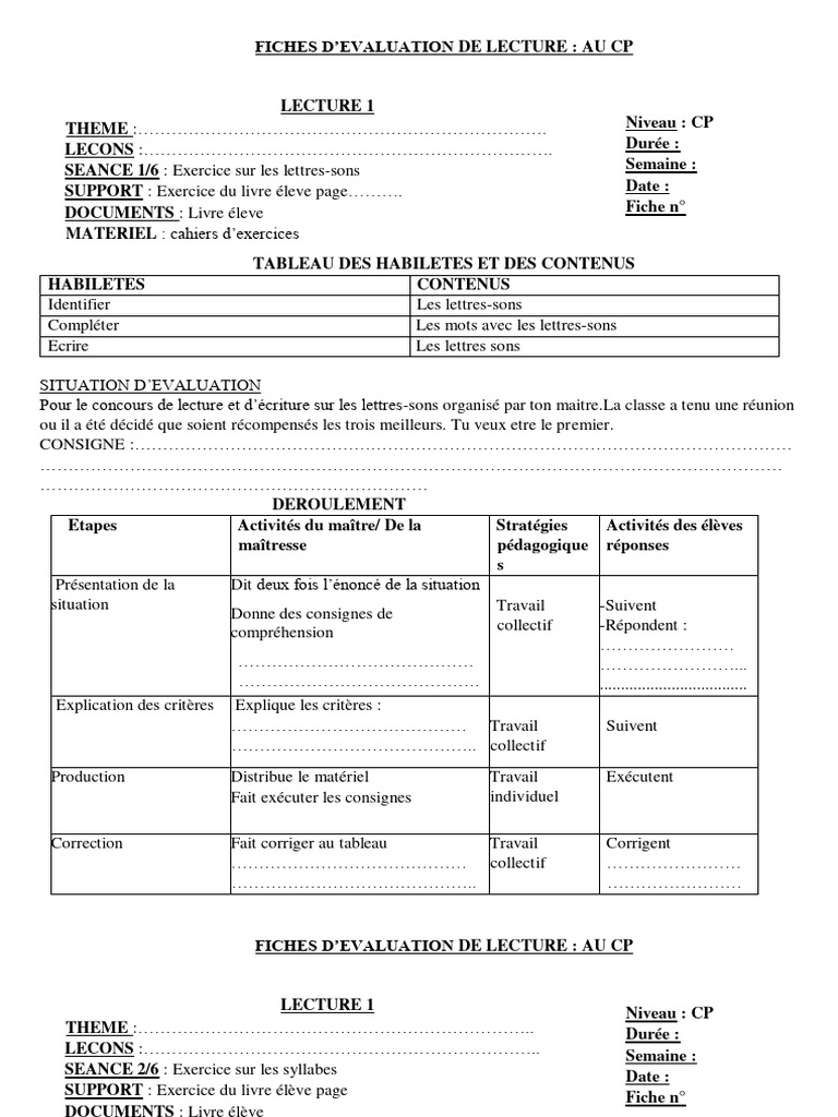 Fiches d'évaluation de lecture CP | PDF | Pédagogie | Écriture