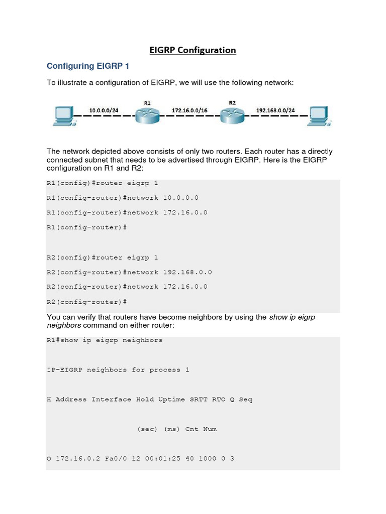 EIGRP Configuration Guide | PDF | Router (Computing) | Internet Protocols
