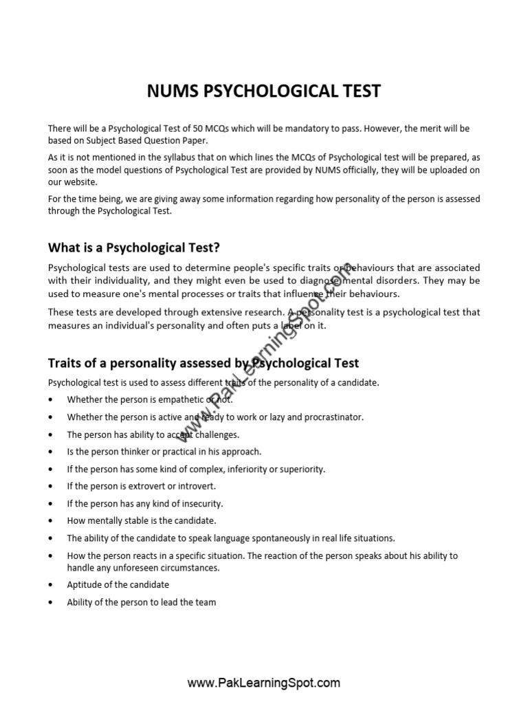 NUMS Psychological Test Overview | PDF | Psychology | Human Development