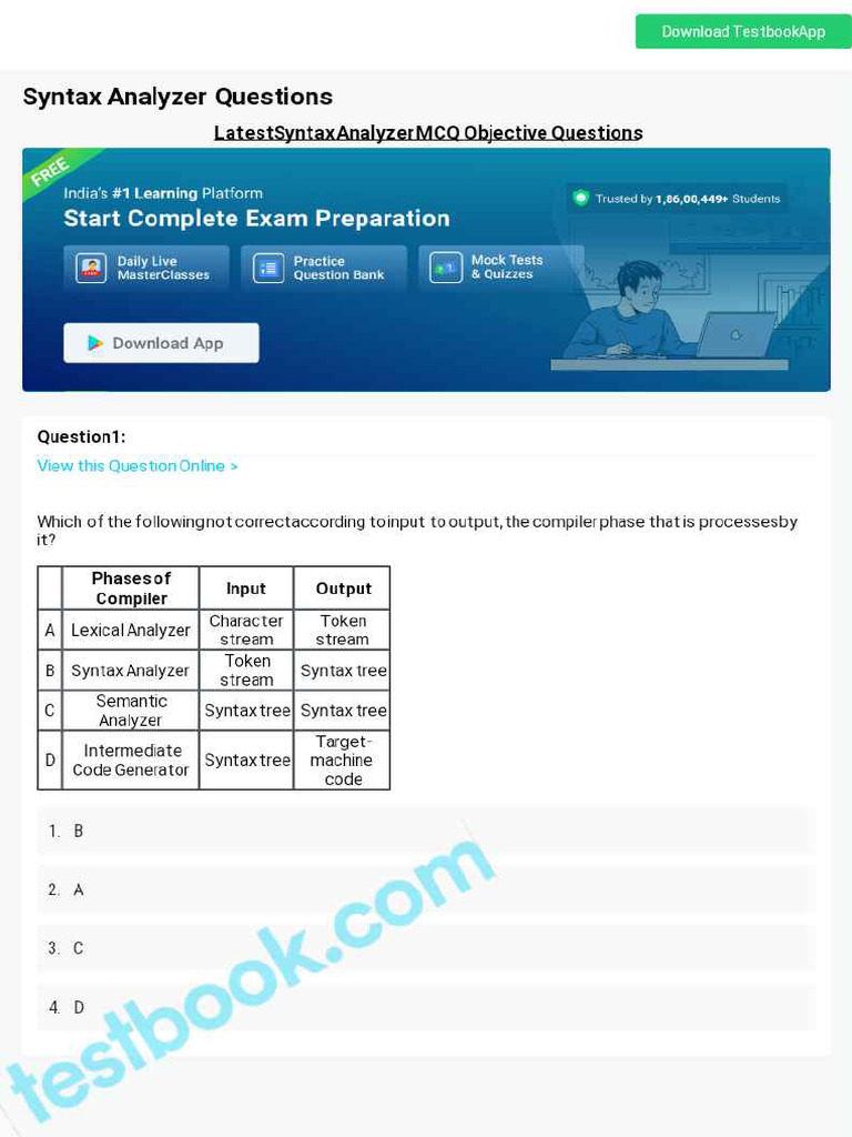 MCQ On Syntax Analyzer 5eea6a1139140f30f369eb5f | PDF