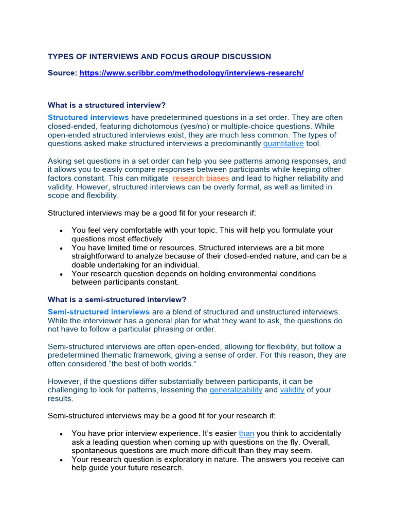 Unit 4 Notes On TYPES OF INTERVIEWS AND FOCUS GROUP DISCUSSION | PDF ...
