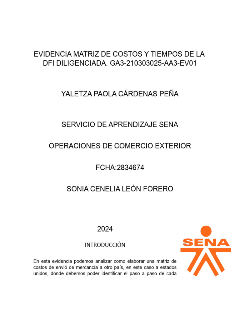Evidencia Matriz de Costos y Tiempos de La Dfi Diligenciada. Ga3-210303025-Aa3-Ev01 | PDF | El ...