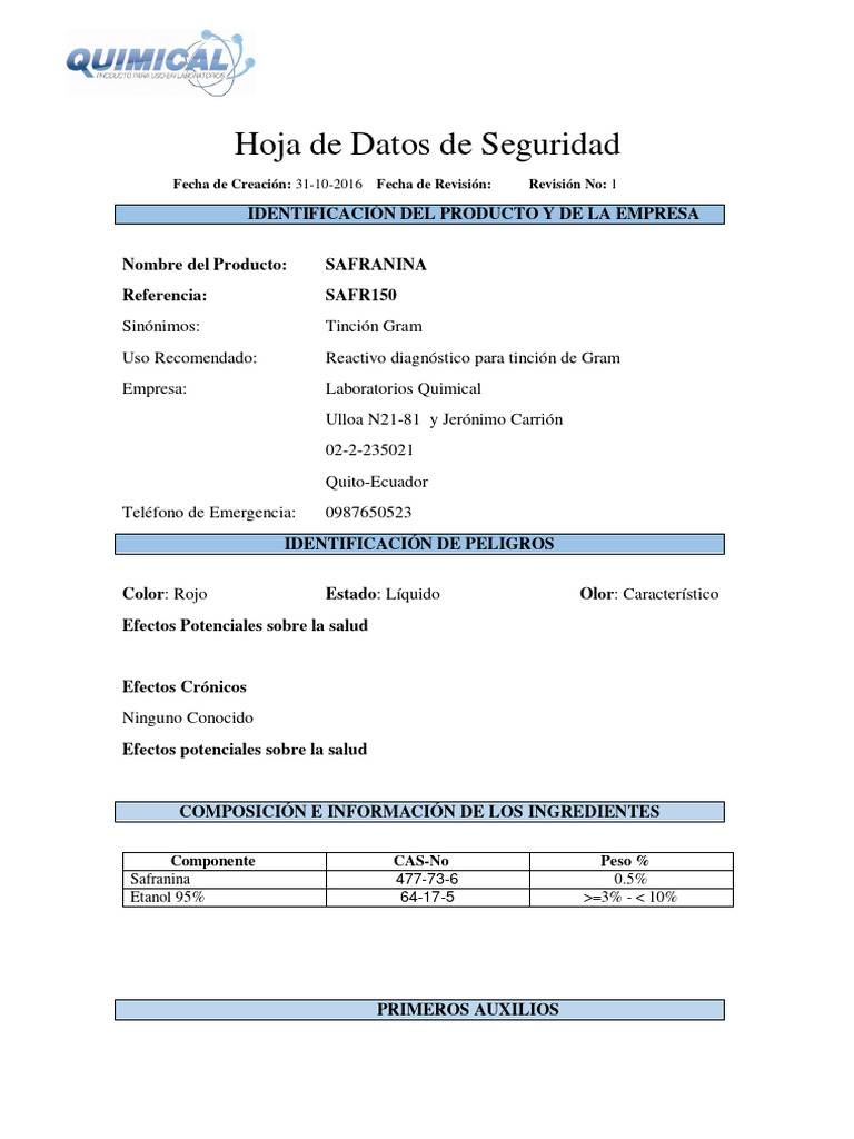 Hoja Seguridad Safranina | PDF | Laboratorios | Agua