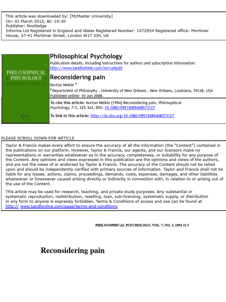 Nelkin 1994 - Reconsidering Pain | PDF | Pain | Experience Nelkin 1994 - Reconsidering Pain | PDF | Pain | Experience