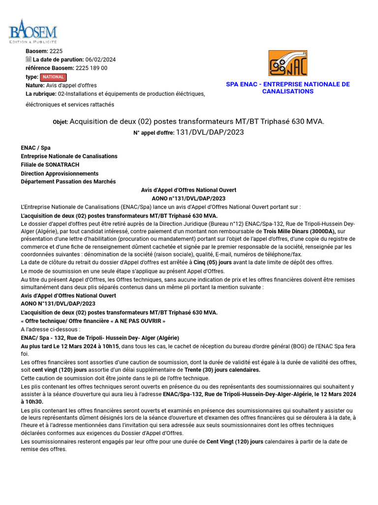 Appel d'Offres pour Transformateurs 630 MVA | PDF | Affaires