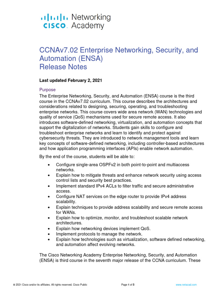 ENSA v7.02 Release Notes | PDF | Cisco Certifications | Computer Network ENSA v7.02 Release Notes | PDF | Cisco Certifications | Computer Network