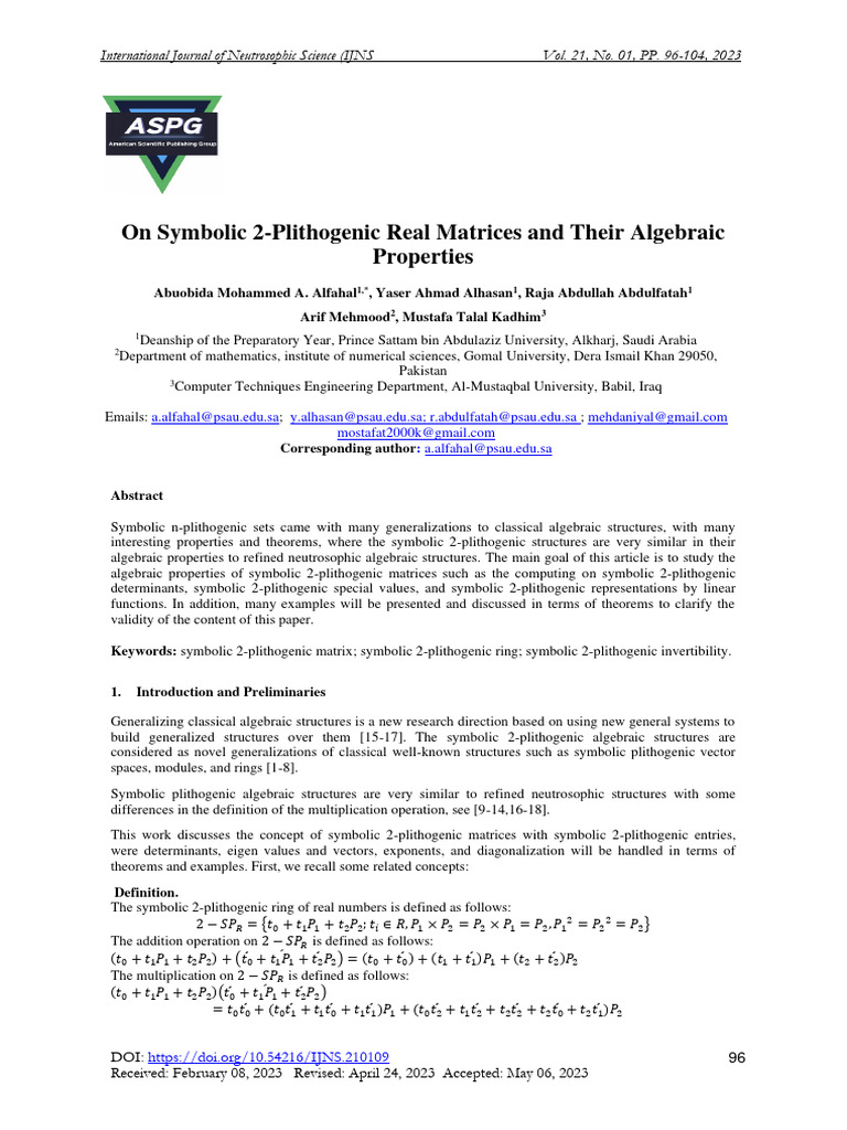 On Symbolic 2-Plithogenic Real Matrices and Their Algebraic Properties ...