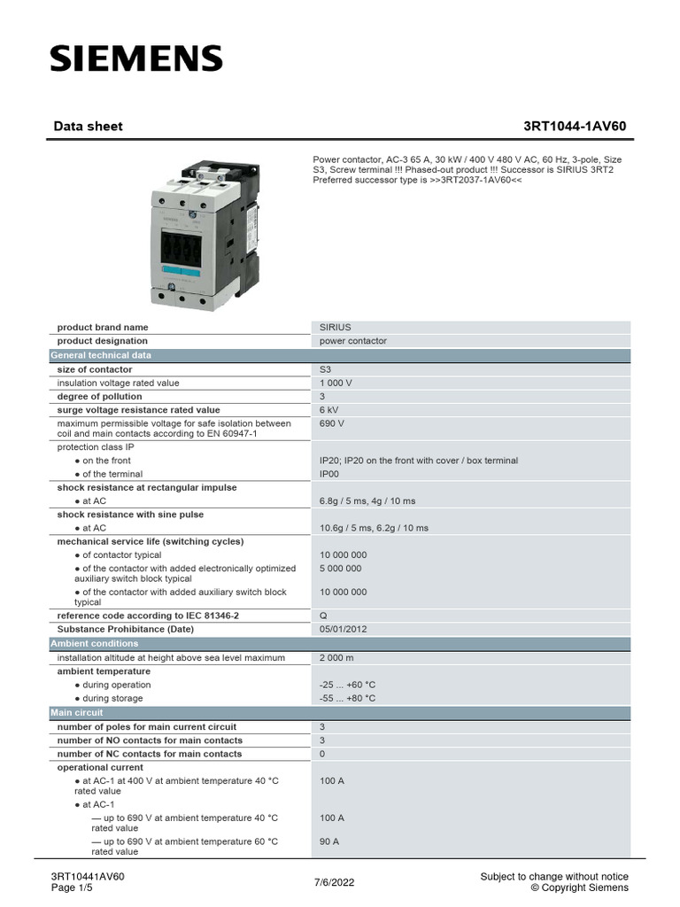 3RT10441AV60_datasheet_en | Download Free PDF | Components | Electrical Engineering