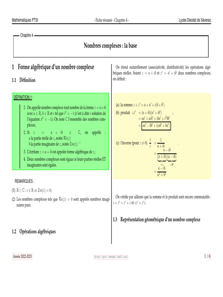 Résumé des Nombres Complexes | PDF | Nombre complexe | Structure algébrique