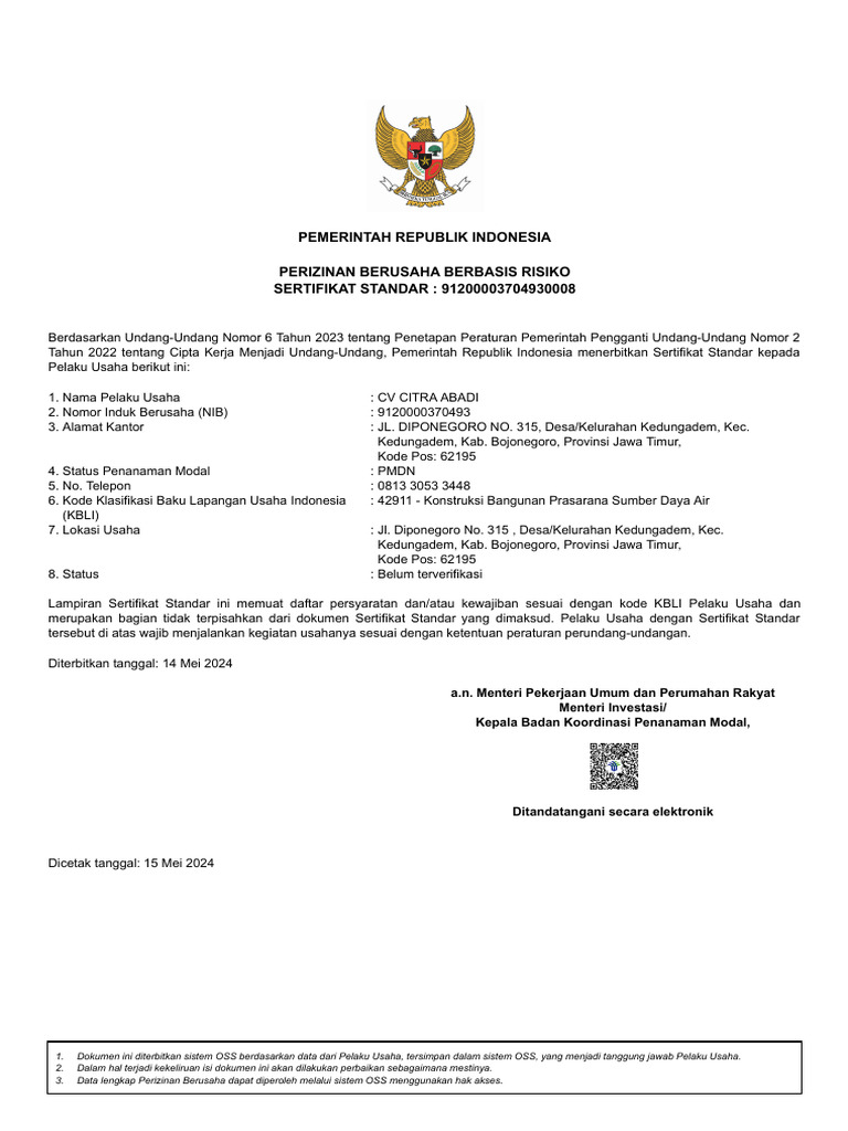 NIB RBA CITRA ABADI Konstruksi Bangunan Prasarana Sumber Daya Air | PDF