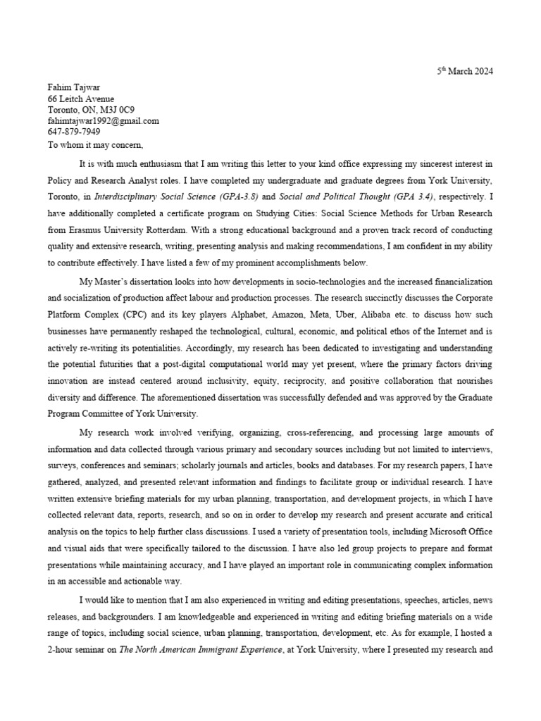 Fahim Tajwar Cover Letter Edit | PDF | Immigration | Information