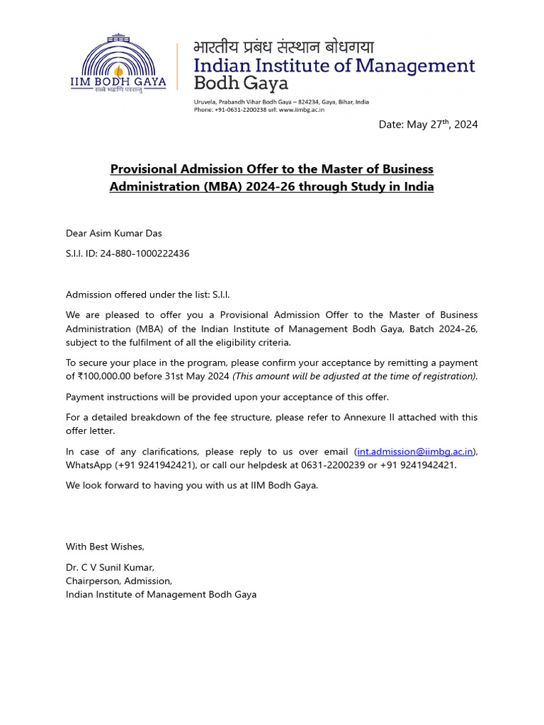 MBA Admission Offer 2024-26 IIM Bodh Gaya | PDF | Fee