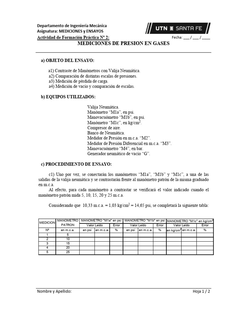 Guia AFP N°2 - Mediciones de Presión en Gases | PDF | Medida de presión | Ingeniería mecánica