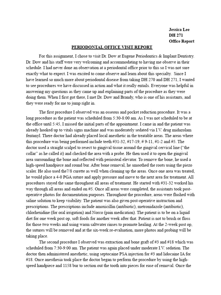 Jessica Lee DH 271 Office Report Periodontal Office Visit Report | PDF ...