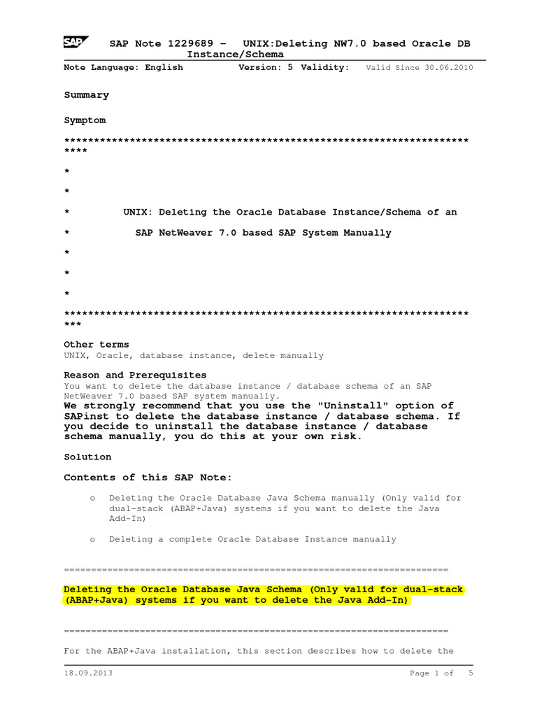 Note 1229689 - UNIX-Deleting NW7.0 Based Oracle DB Instance-Schema | PDF | Directory (Computing ...