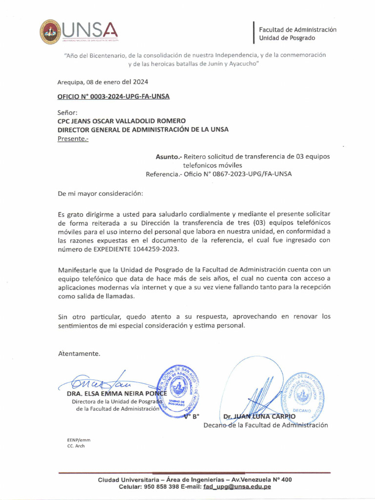 Oficio #0003-2024-Upg-Fa-Unsa | PDF