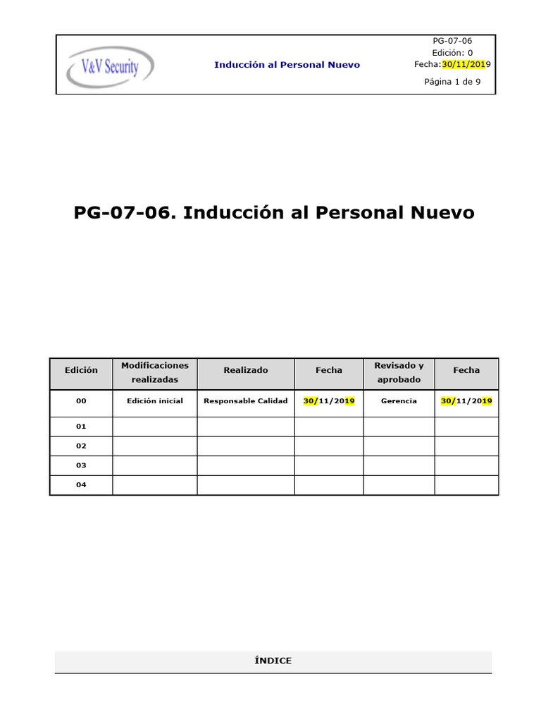 PG-07-06 Induccion Al Personal | PDF | Negocios