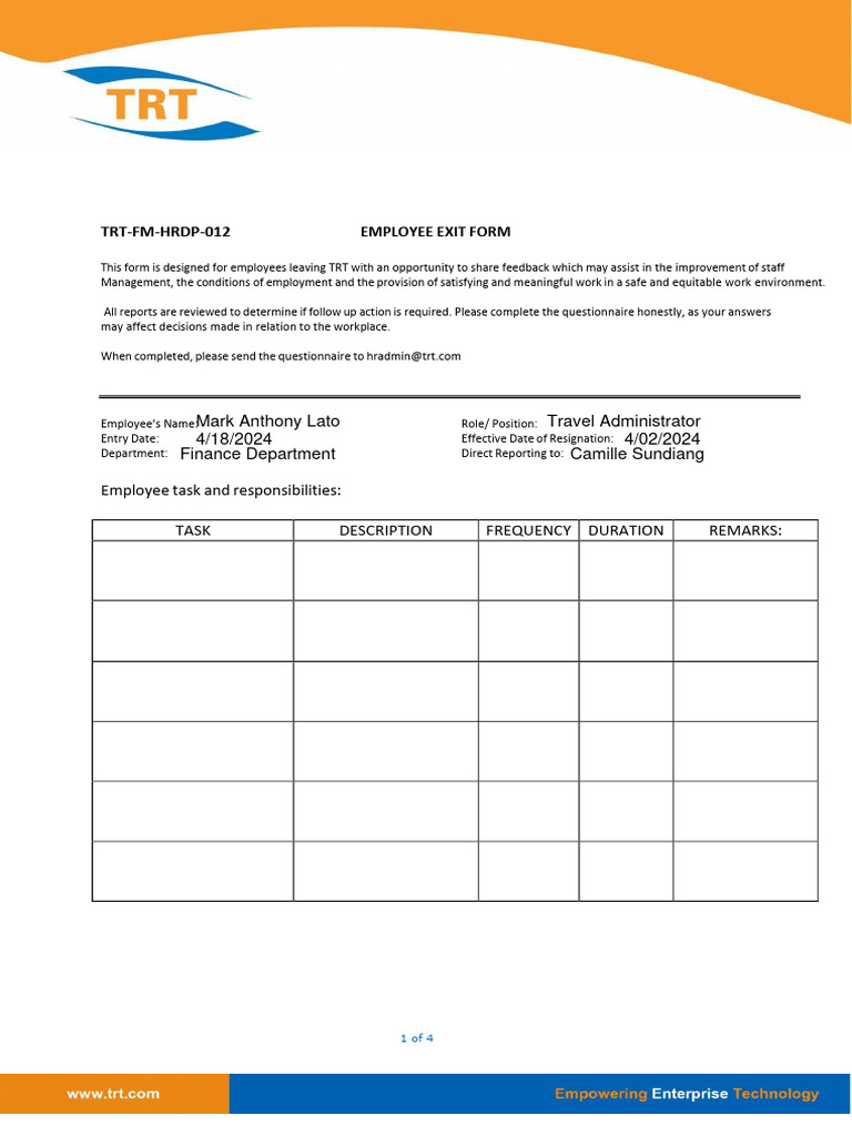TRT - HR - Exit Form | PDF | Employment | Applied Psychology