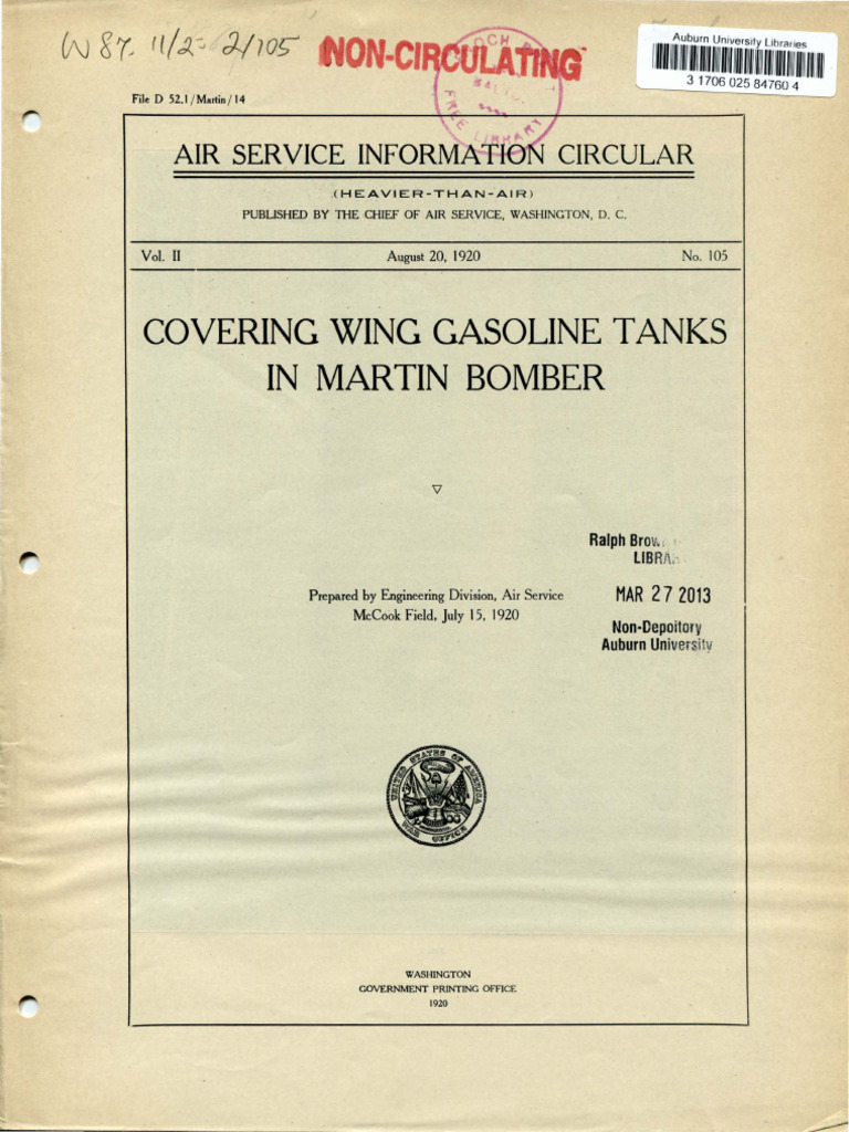 Covering Wing Gasoline Tanks in Martin Bomber (20 August 1920) | PDF ...