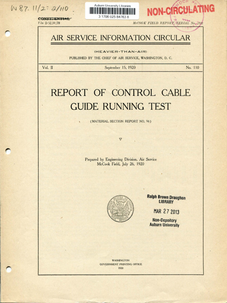 Report of Control Cable Guide Running Test (15 September 1920 ...