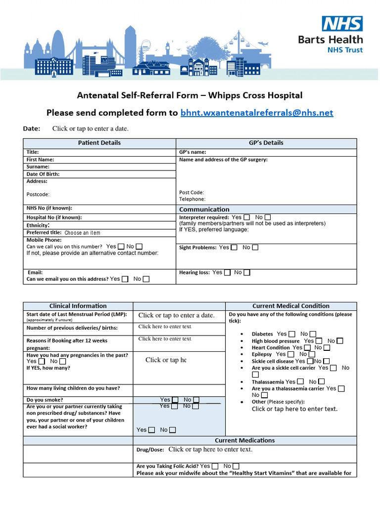 Antenatal Self Referral Form Whipps Cross Hospital | PDF | Pregnancy ...