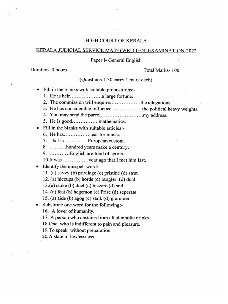 Kerala Judicial Service 2022 Main (Written) Examination, Paper I | PDF