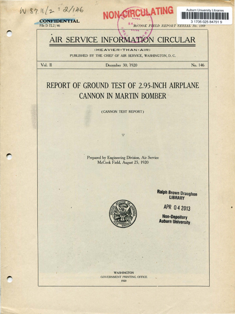 Report of Ground Test of 2.95-Inch Airplane Cannon in Martin Bomber (20 ...