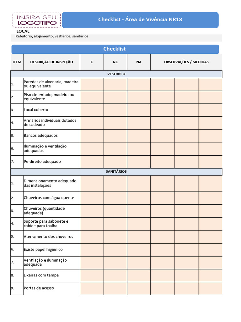 NR18 - Checklist - Area Vivencia - Jan 2024 | PDF