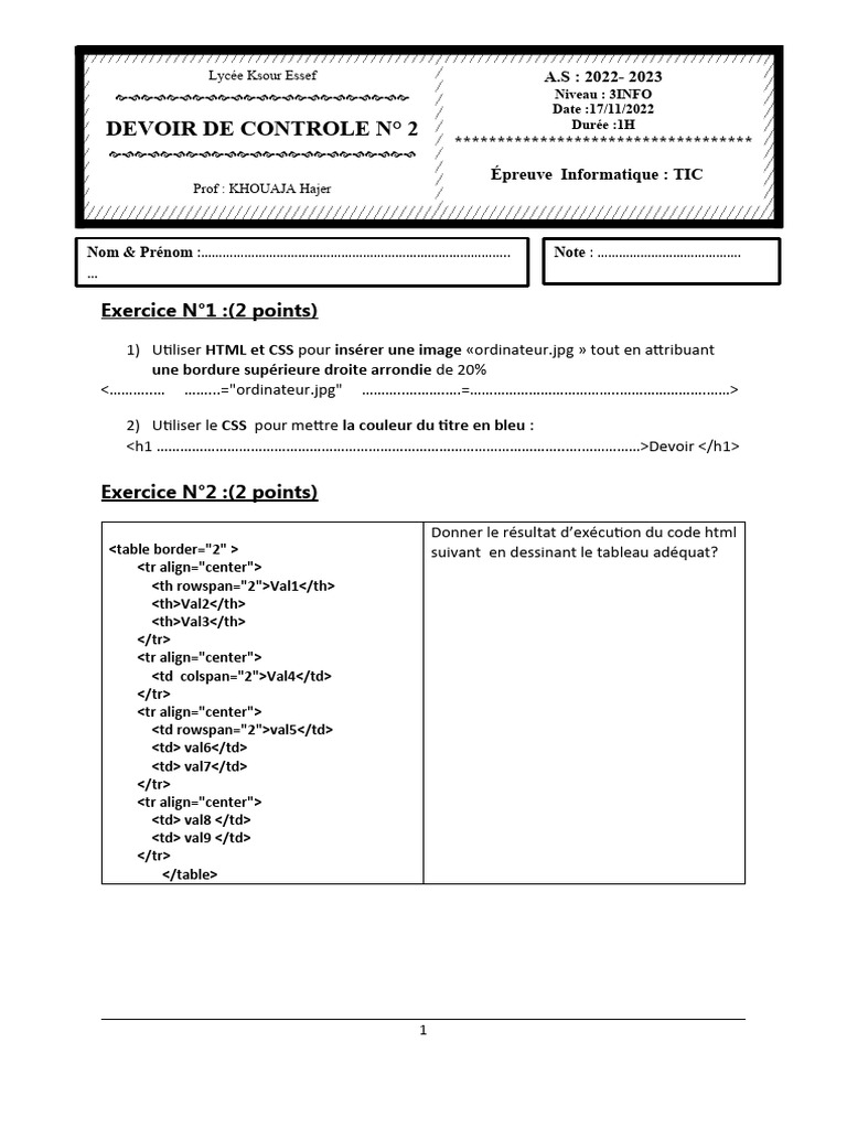 3tic Devoir Control n2 Theorique | PDF