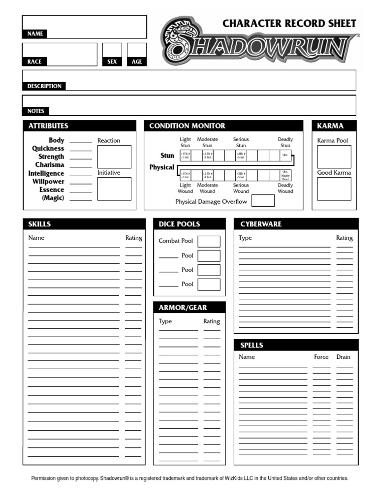 SR3 Character Sheet | PDF | Role Playing Games | Tabletop Games