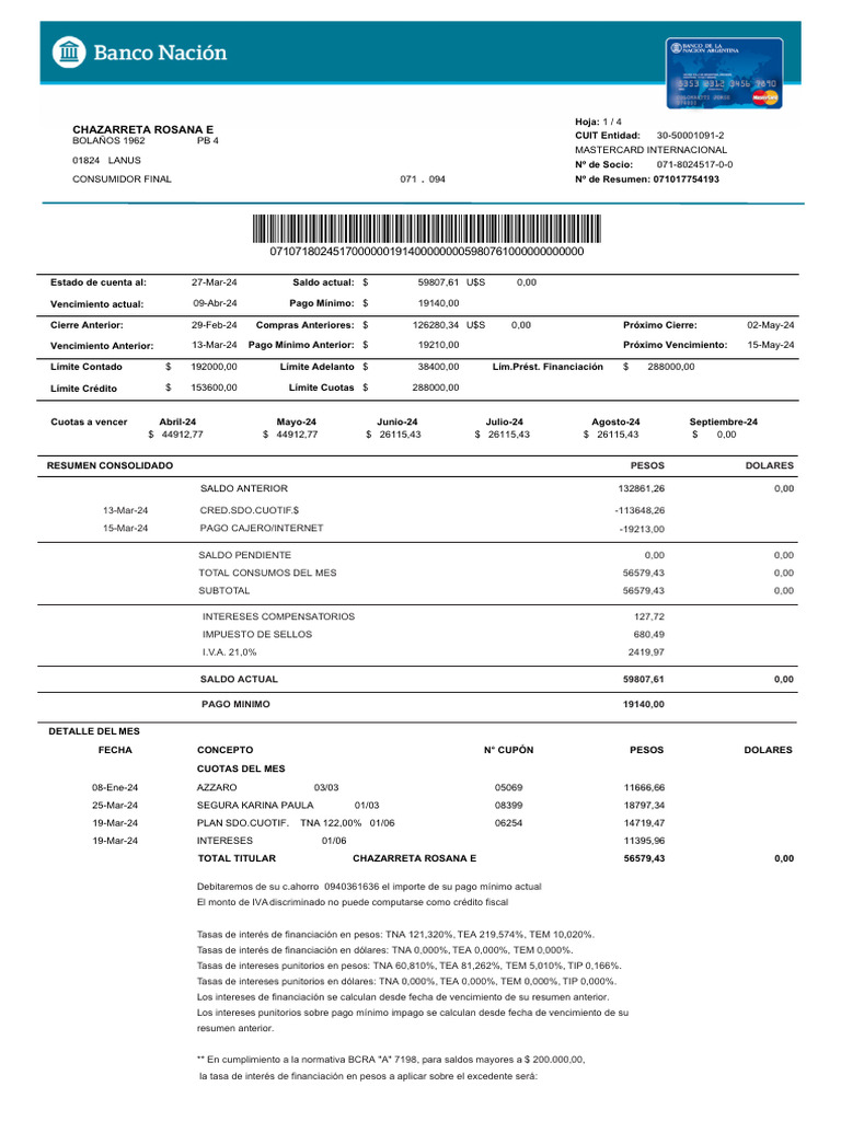 Resumen de Cuenta Mastercard Marzo 2024 | PDF | Tarjeta de crédito ...