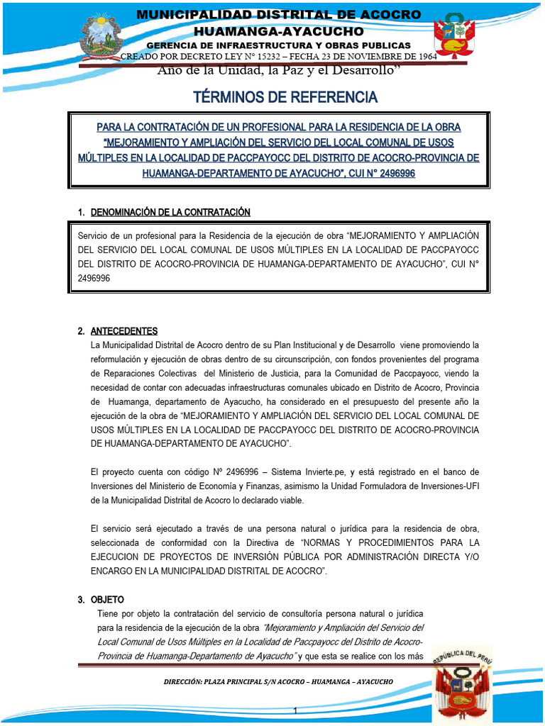 TDR Residente Obra Casa Comunal Paccpayocc | PDF | Presupuesto | Laboratorios