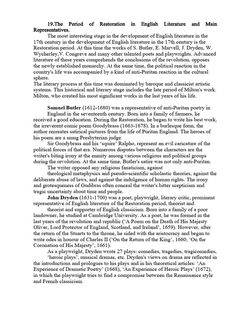 Restoration English Literature Icons | PDF | John Dryden | English ...