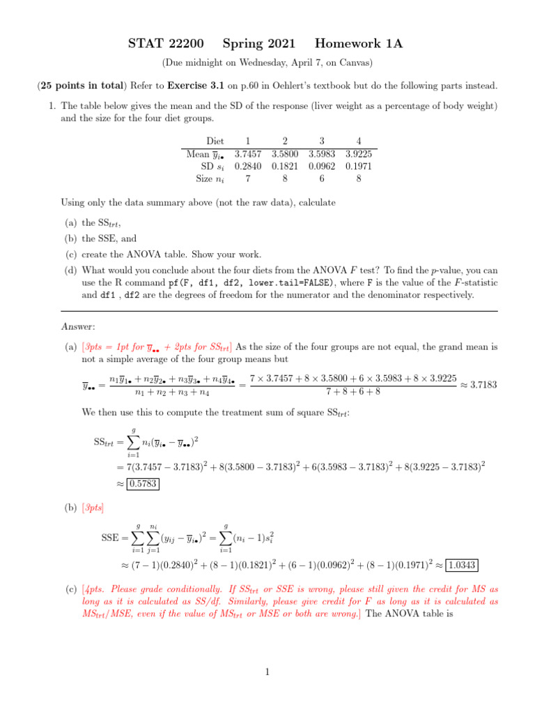 STAT 22200 Spring 2021 Homework 1A | PDF | Analysis Of Variance | Errors And Residuals