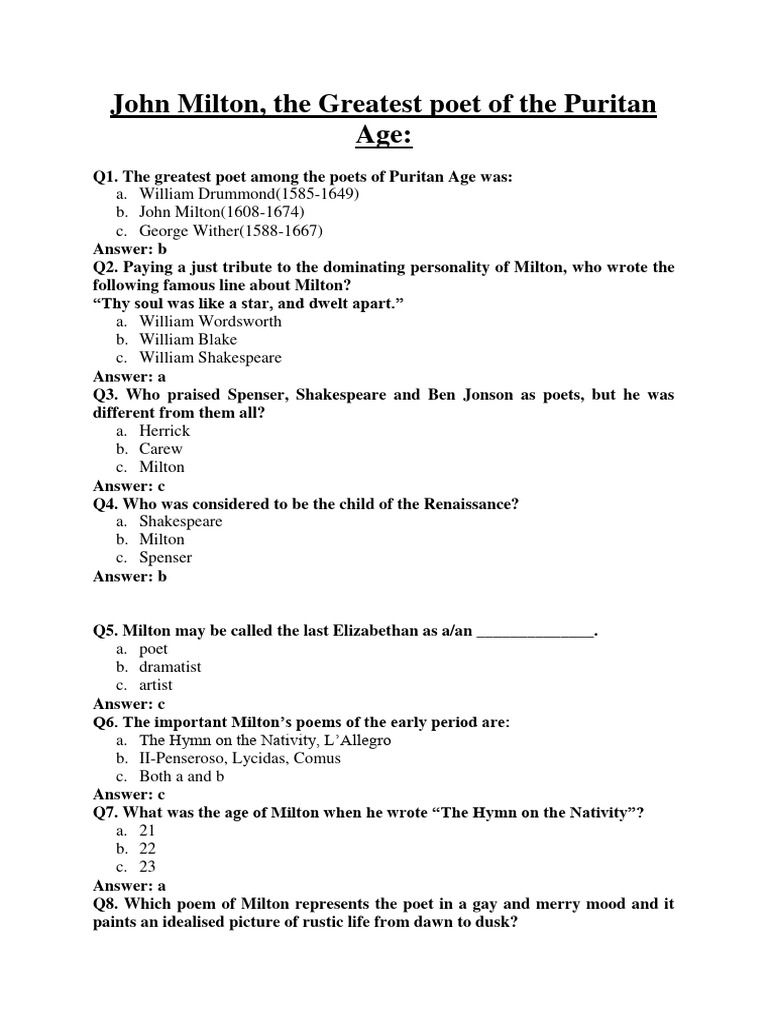 Milton Important Questions | PDF | Paradise Lost | John Milton