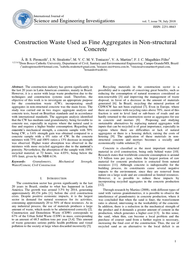Construction Waste Used As Fine Aggregates in Non-Structural Concrete ...