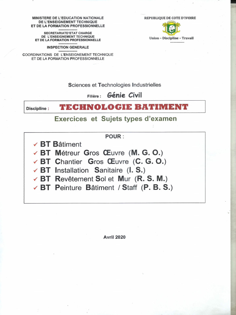 Exercices Et Sujets de Technologie Batiment 3a BT Batimemnt | PDF