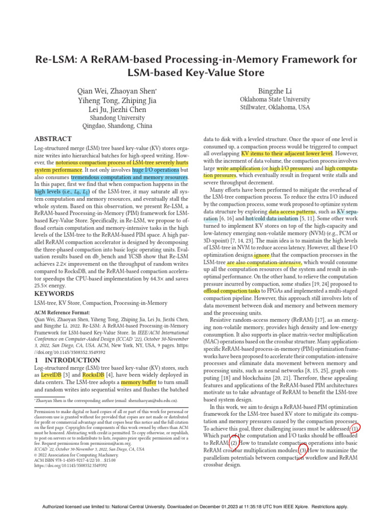 Re-LSM A ReRAM-based Processing-In-Memory Framework For LSM-based Key-Value Store | PDF | Data ...