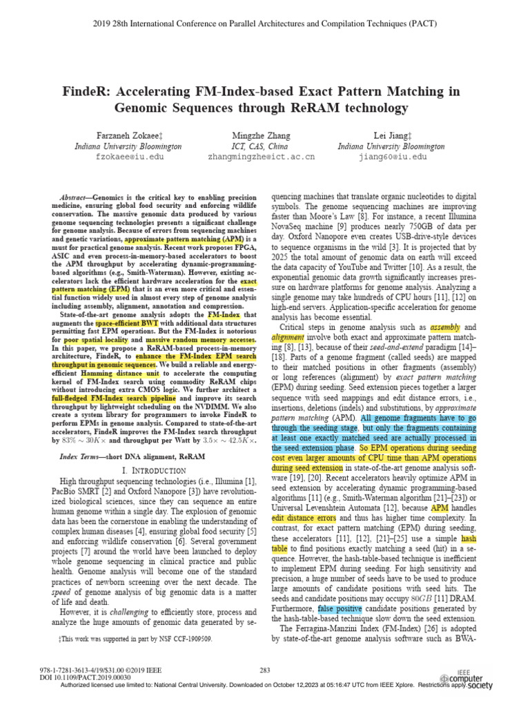 FindeR - Accelerating FM Index Based Exact Pattern Matching in Genomic Sequences Through ReRAM ...