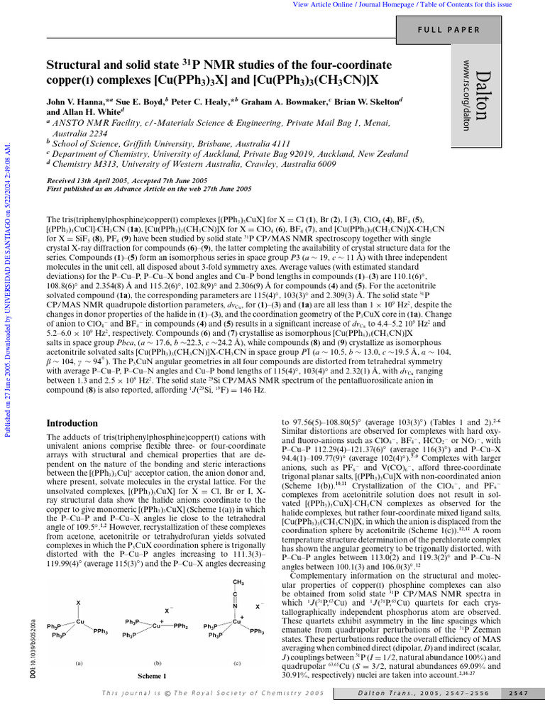 Structural and Solid State P NMR Studies of The Four-Coordinate Copper Complexes (Cu (PPH) X ...
