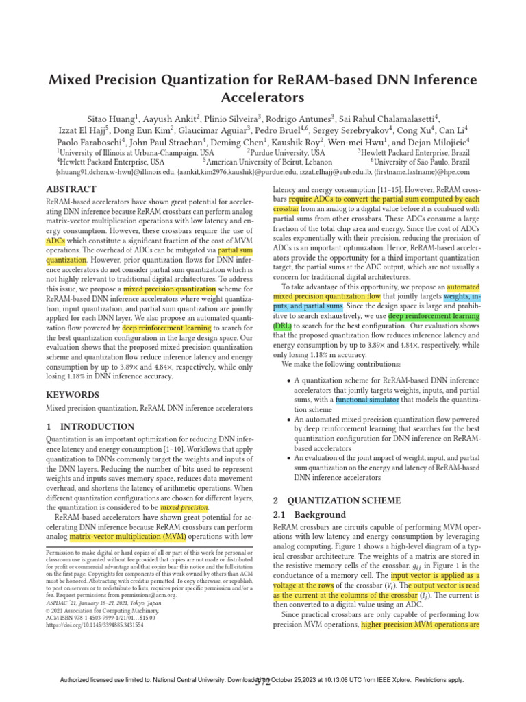 Mixed Precision Quantization For ReRAM-based DNN Inference Accelerators | PDF | Analog To ...