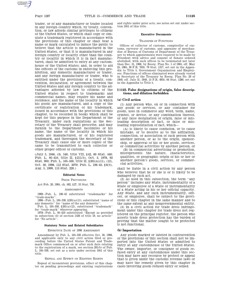 Title 15-Commerce and Trade | PDF | Trademark | Trade Dress