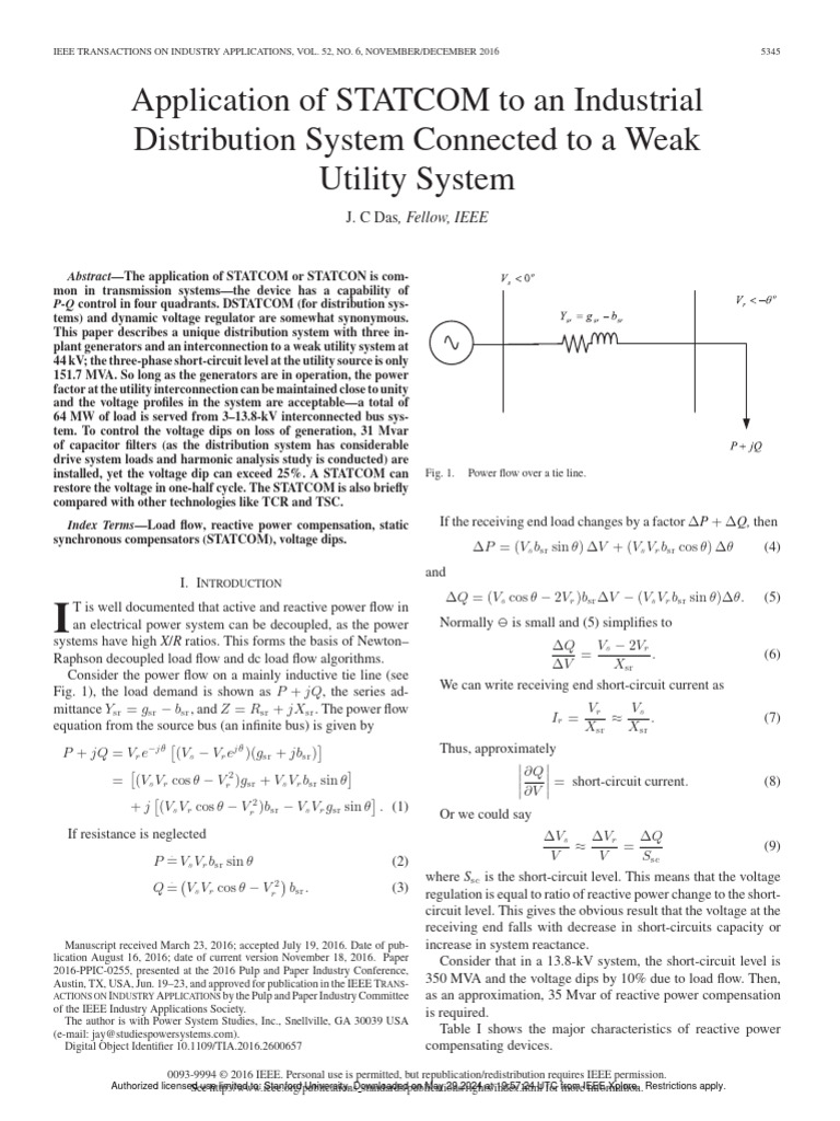 Application Of Statcom To An Industrial Distribution System Connected To A Weak Utility System