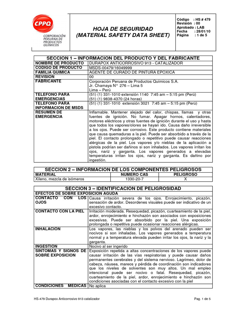 Durapox Anticorrosivo 913: Hoja de Seguridad | PDF | Agua | Combustión
