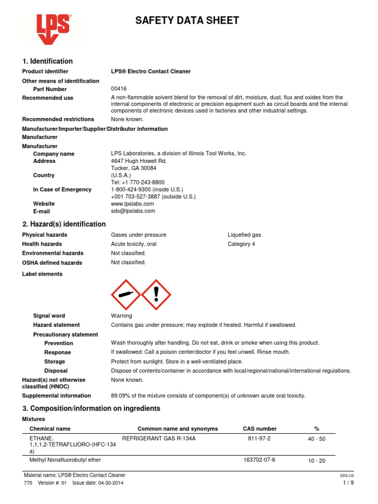 MSDS LPS Electro Contact Cleaner | PDF | Dangerous Goods | Personal Protective Equipment