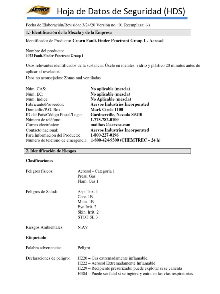 Hoja de Seguridad del Aerosol 1072 | PDF | Agua | Combustión